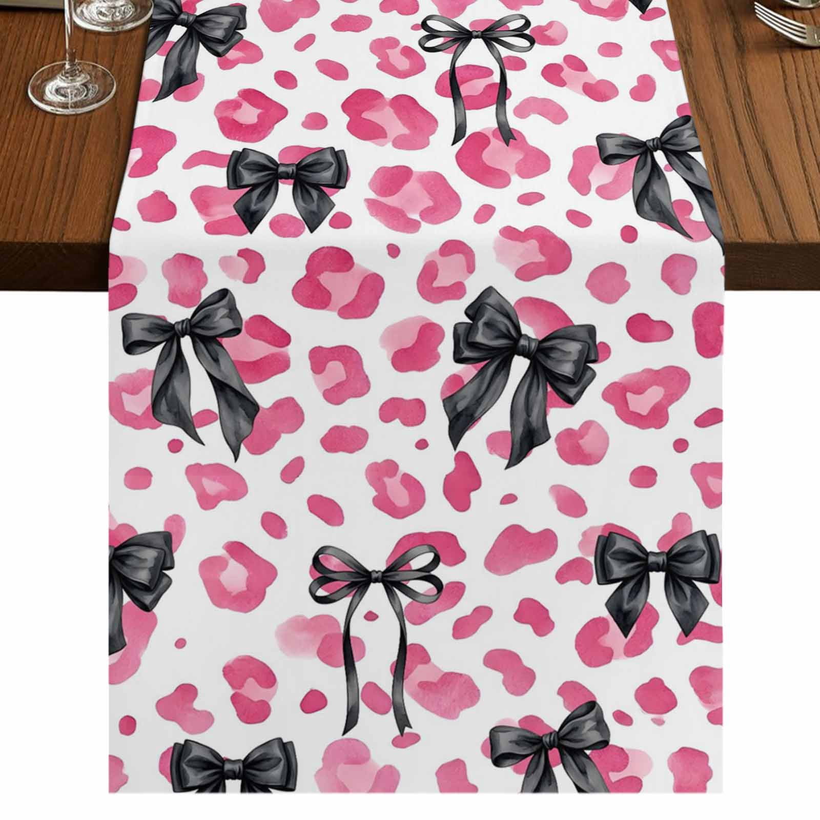 Black Bow Pink Leopard Burlap Cotton Table Runner 18x72 Inches Long ...