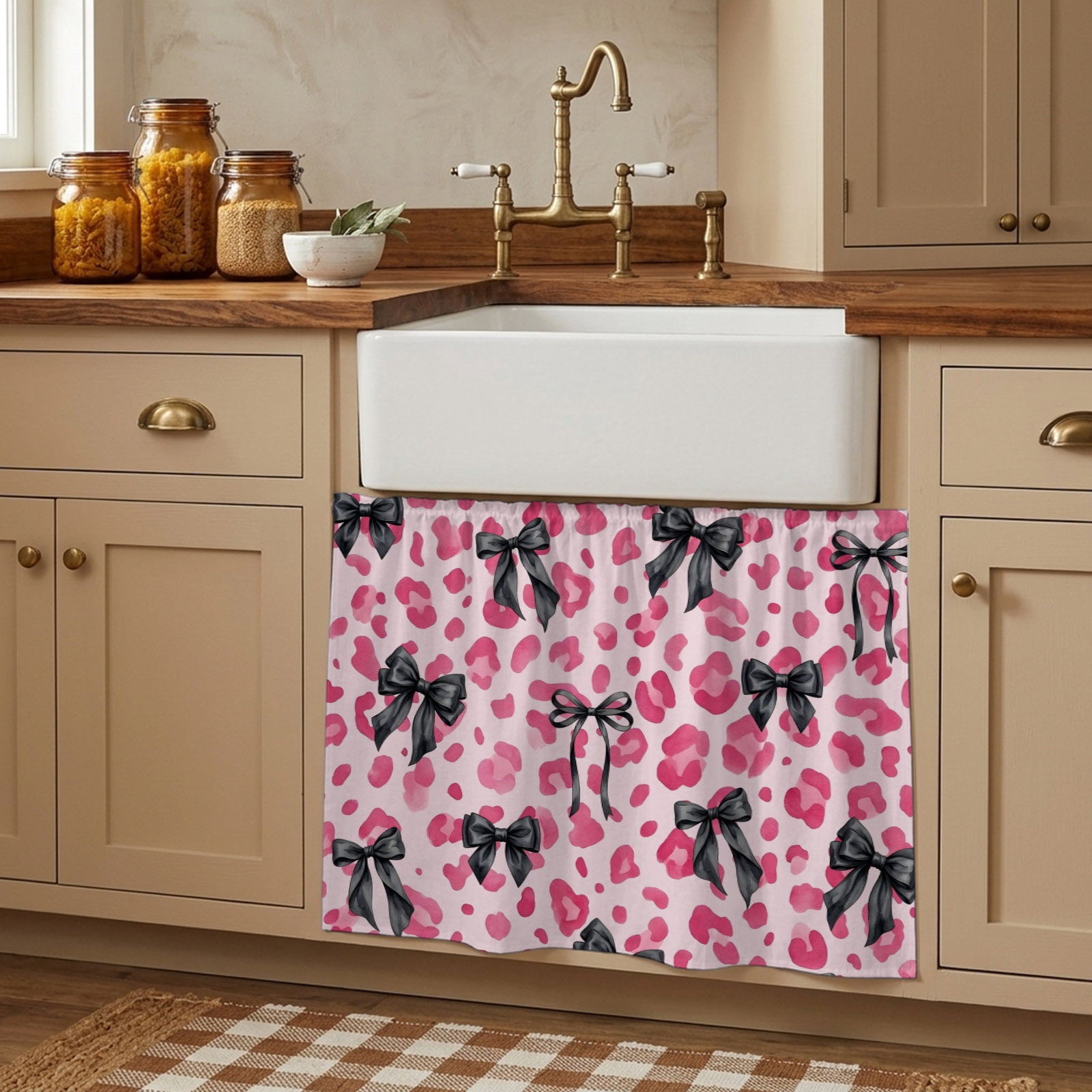 Black Bow Pink Leopard Cabinet Curtains 28"W x 35L, Minimalist Boho ...