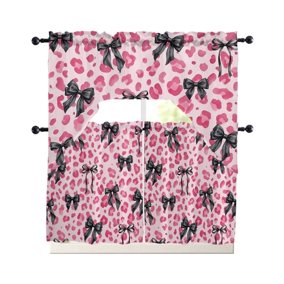 Black Bow Pink Leopard Kitchen Curtains Set for Windows 3 Piece Cafe ...