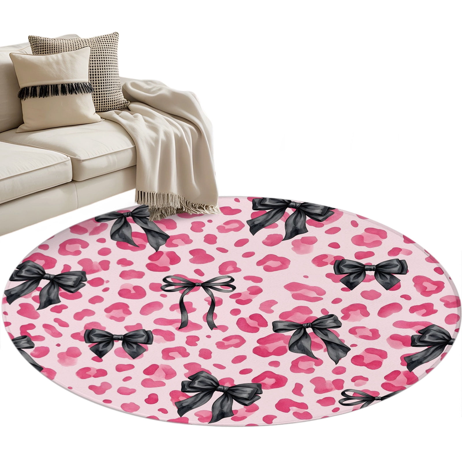 Black Bow Pink Leopard Round Rug 3ft Area Rug Washable Soft Non-Slip 3 ...