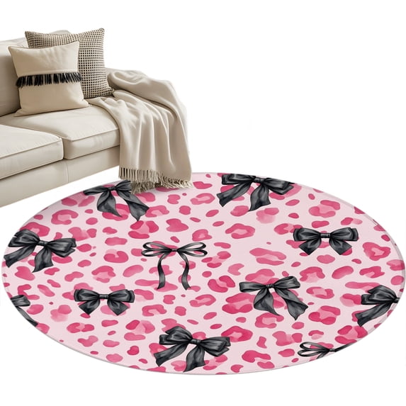 Black Bow Pink Leopard Round Rug 3ft Area Rug Washable Soft Non-Slip 3 ...