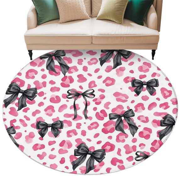 Black Bow Pink Leopard Round Rug 5ft Washable Circle Kitchen Rugs Non ...