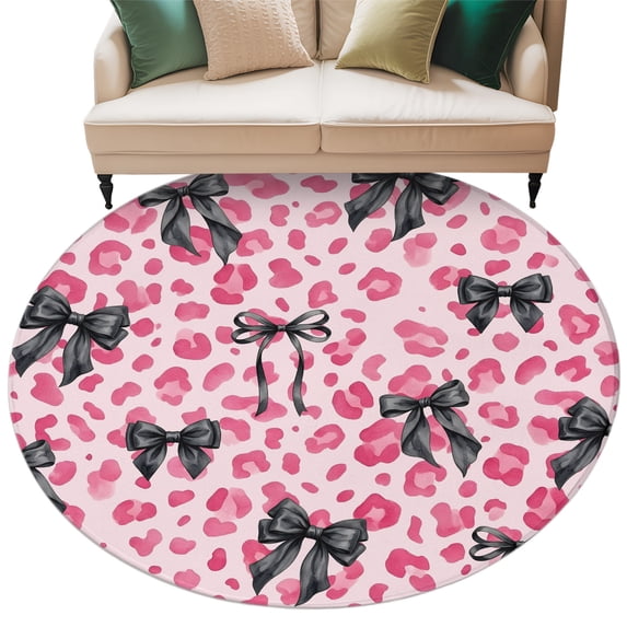 Black Bow Pink Leopard Round Rug 5ft Washable Circle Kitchen Rugs Non ...