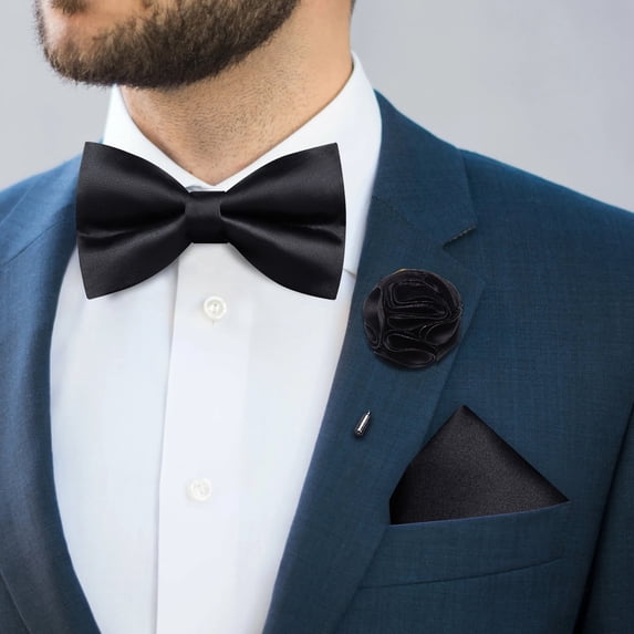 Black Bow Ties for Men Pre-tied Silk Bowtie and Pocket Square Cufflinks ...