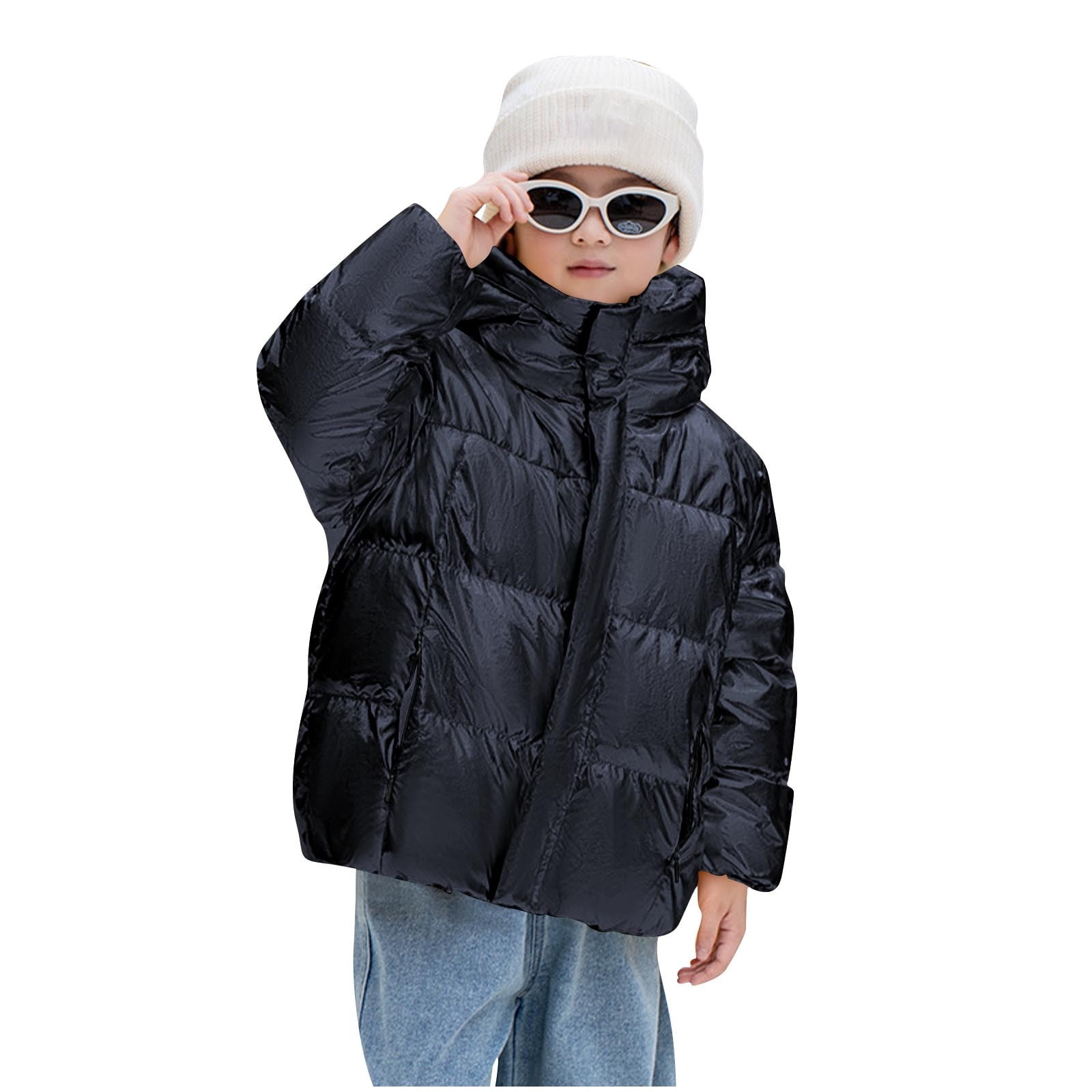 Black Boy Girl Children Boy Girl Warm Thick Puffer with Hood Basic ...
