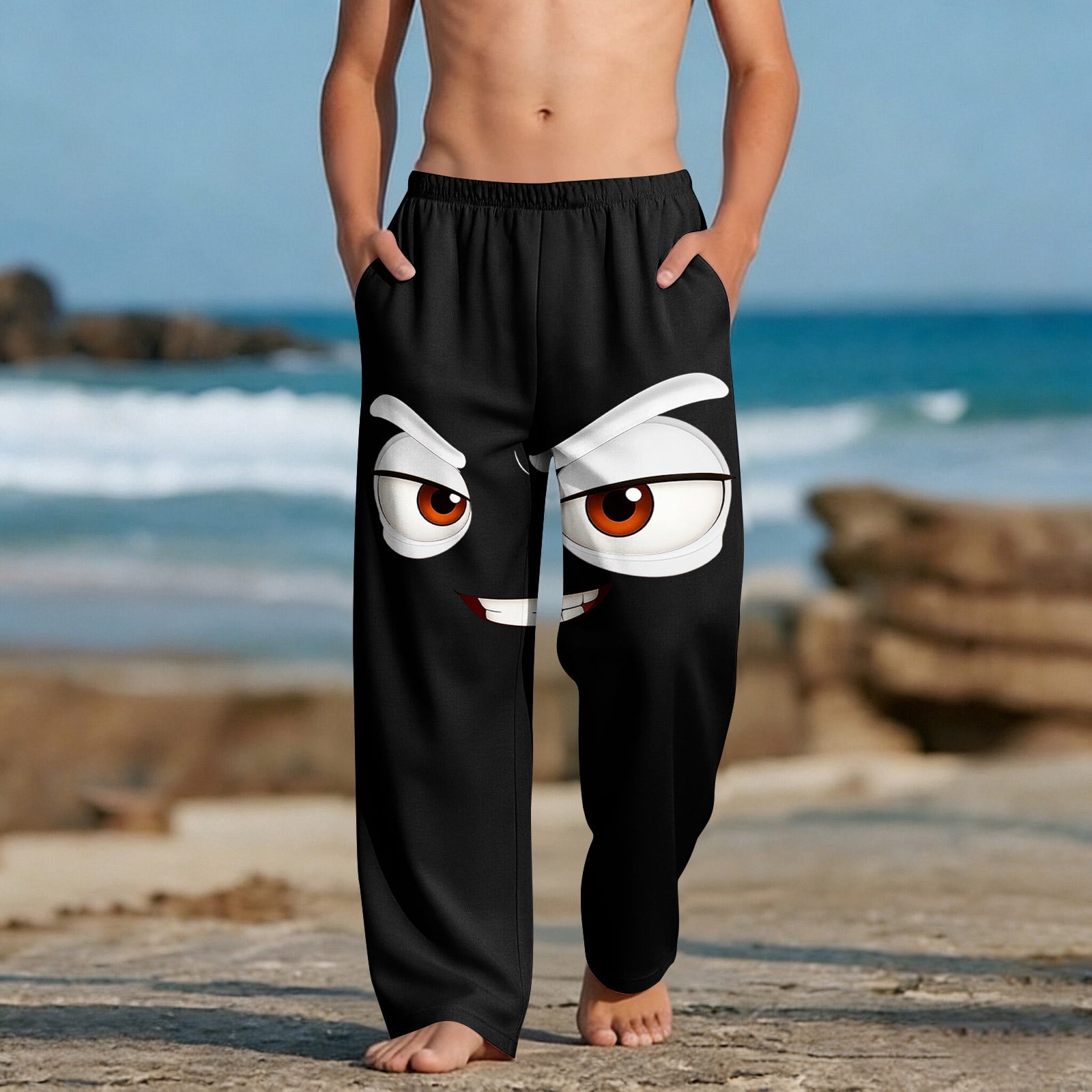 Black Boys Cartoon Face Pants, Elastic Waist, Side Pockets, Soft ...