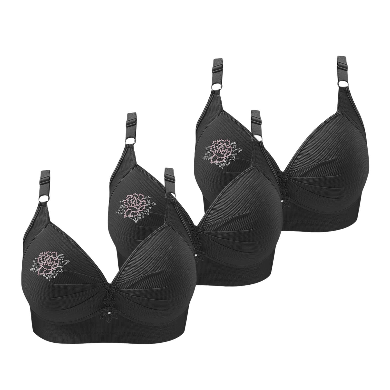 Black Bra Women's Comfortable Floral Print Support Bra With Triple Hook ...