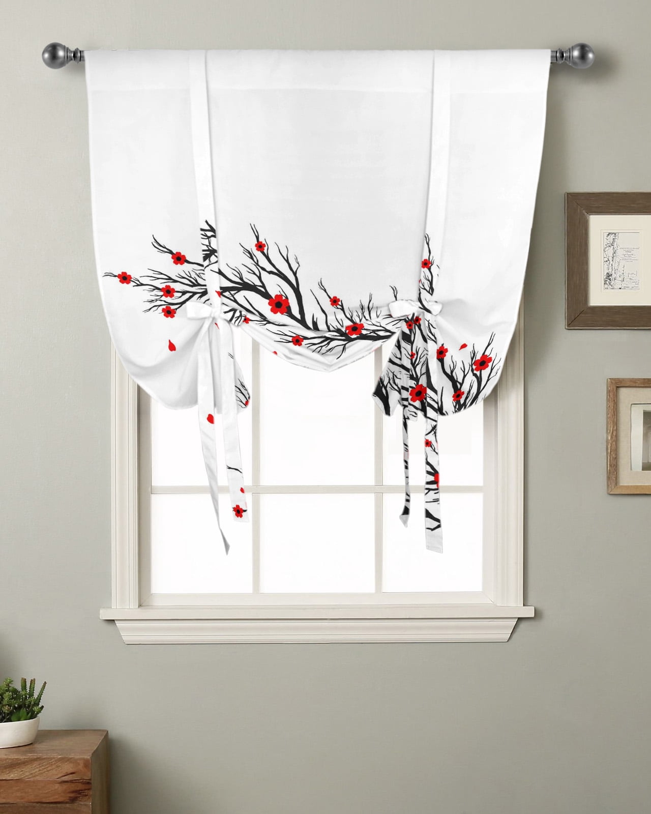 Black Branch Red Flower White Kitchen Short Window Curtain Rod Pocket ...