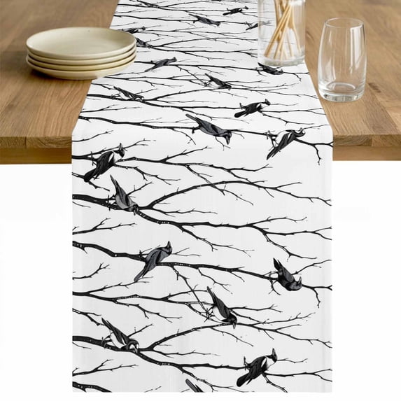 Black Branches Birds Table Runner - 108 Inch Long Modern Abstract ...