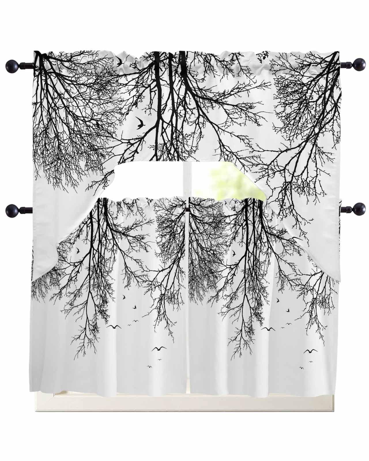 Black Branches Kitchen Curtains Sets 24 Inch Length with Valance ...