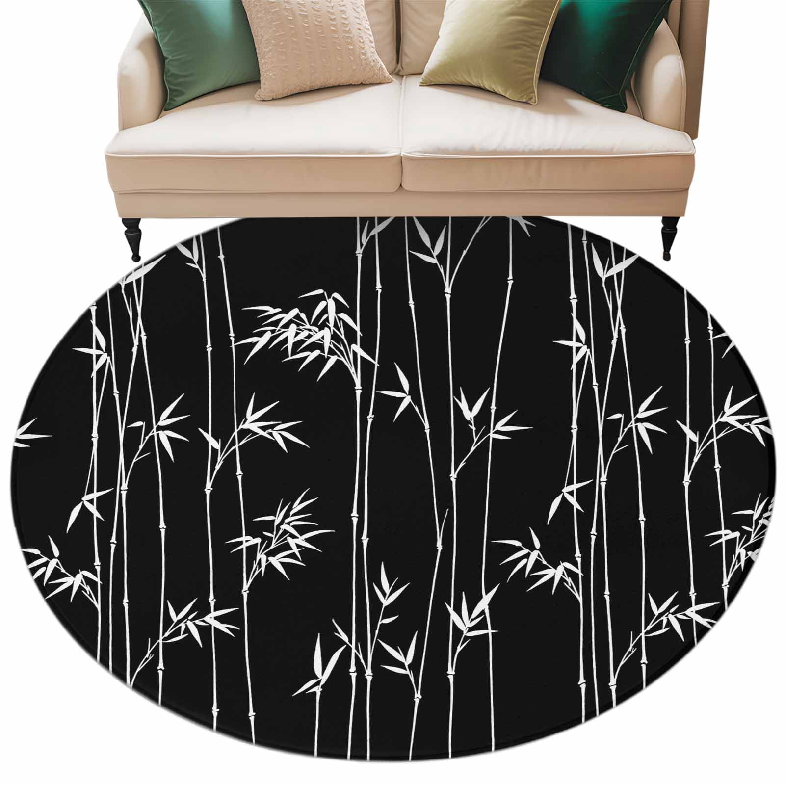 Black Branches Leaves Round Rug 8ft Washable Circle Rugs Non Slip ...