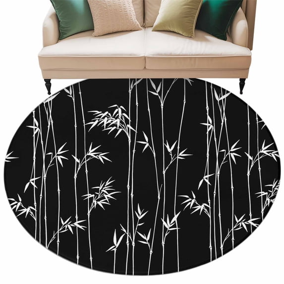 Black Branches Leaves Round Rug 8ft Washable Circle Rugs Non Slip ...