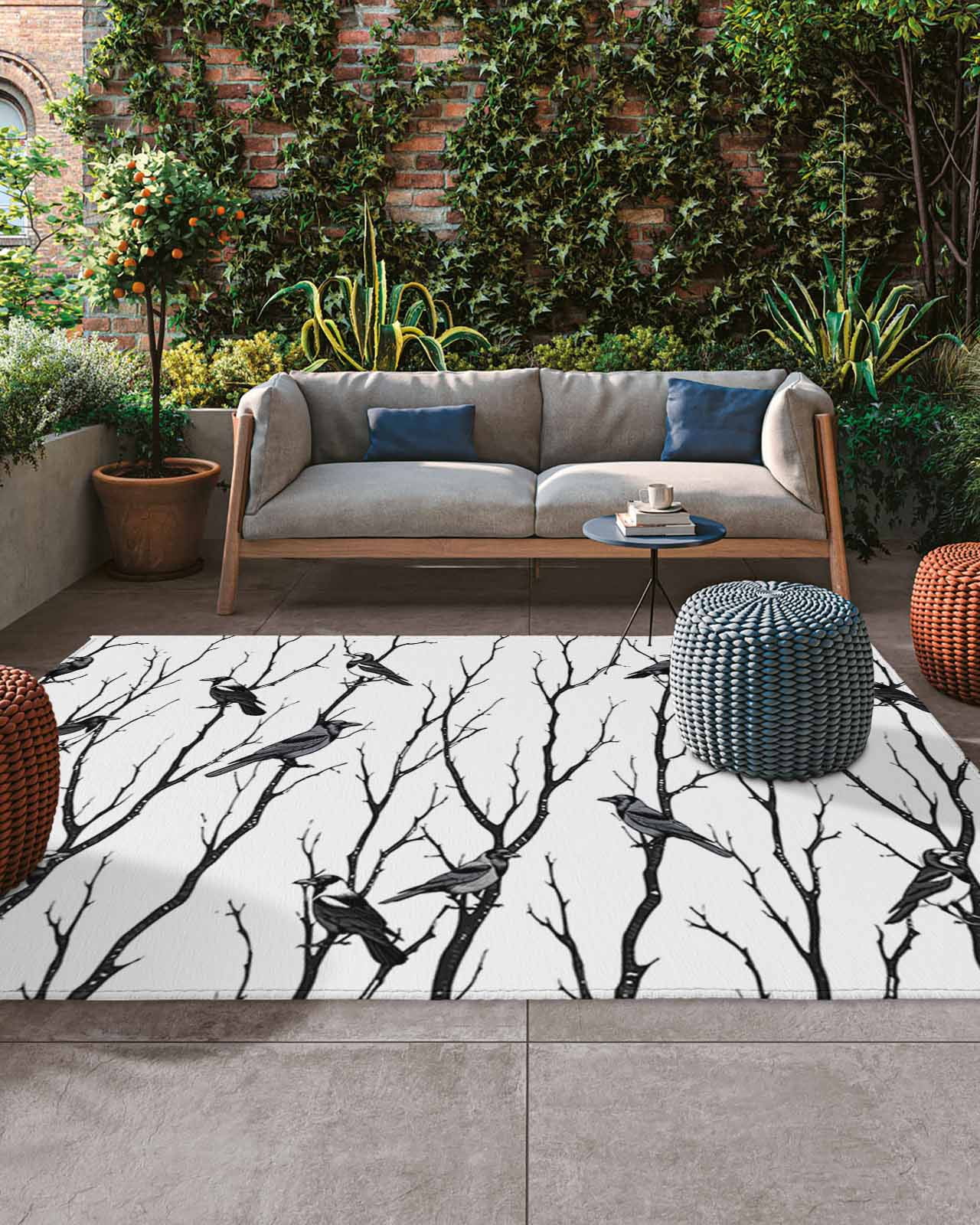 Black Branches Outdoor Rug, Birds Abstracts Plant Modern Silhouettes ...