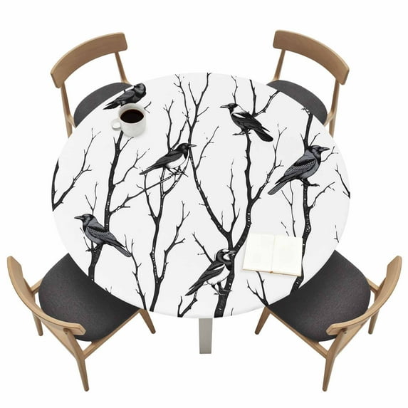 Black Branches Round Fitted Tablecloth with Elastic Edge Birds ...