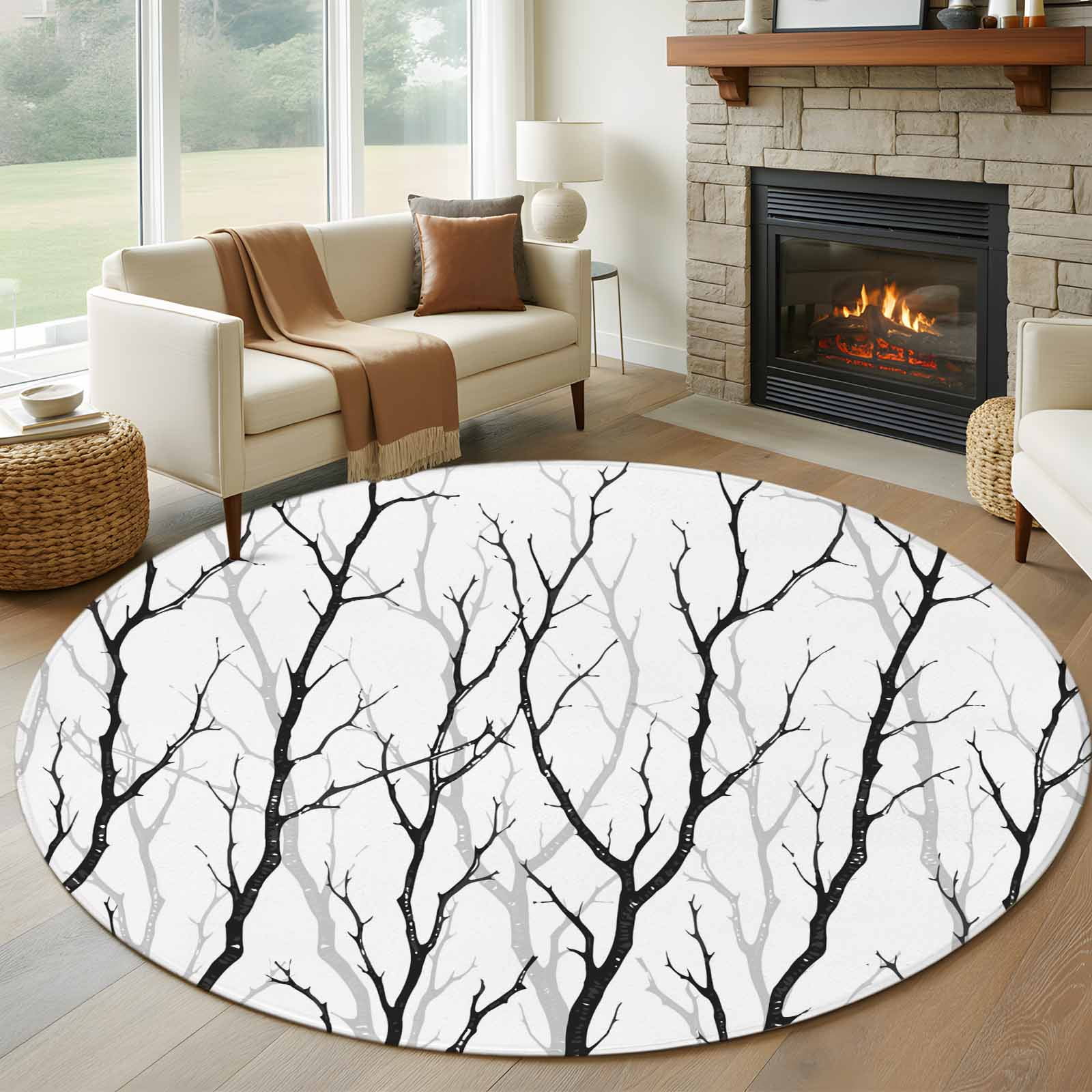 Black Branches Round Rug 8ft Washable Circle Rugs Non Slip Modern ...