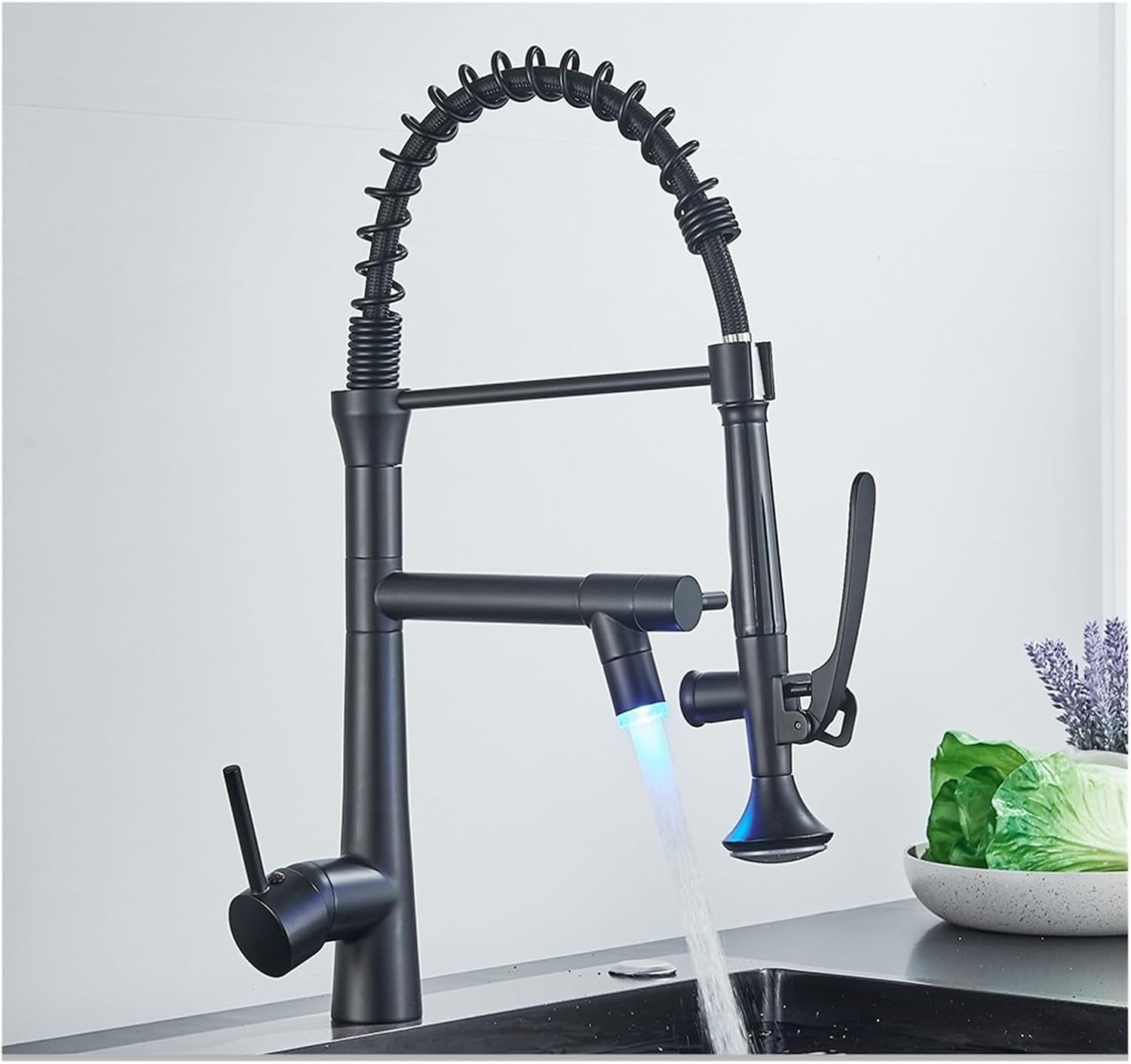 Black Brass Pull Down LED Kitchen Faucet 360 Rotate Hot Cold Mixer Dual ...