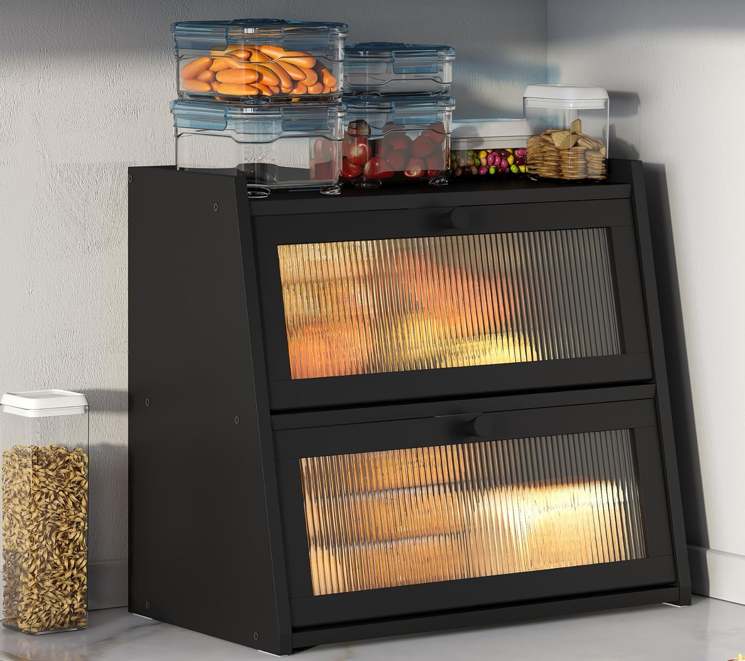 Black Bread Box, Double Layer Large Bread Box for Kitchen Counter ...