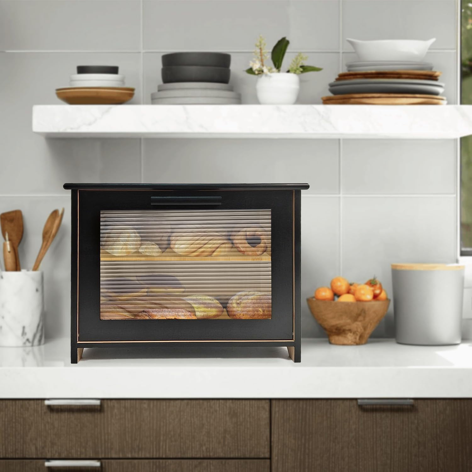 Black Bread Box for Kitchen Countertop, Large Bread Box for Homemade ...