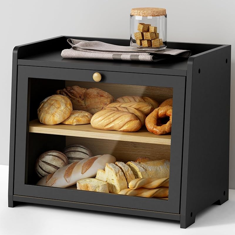 Black Bread Box for Kitchen Countertop, Large Bread Storage Container ...