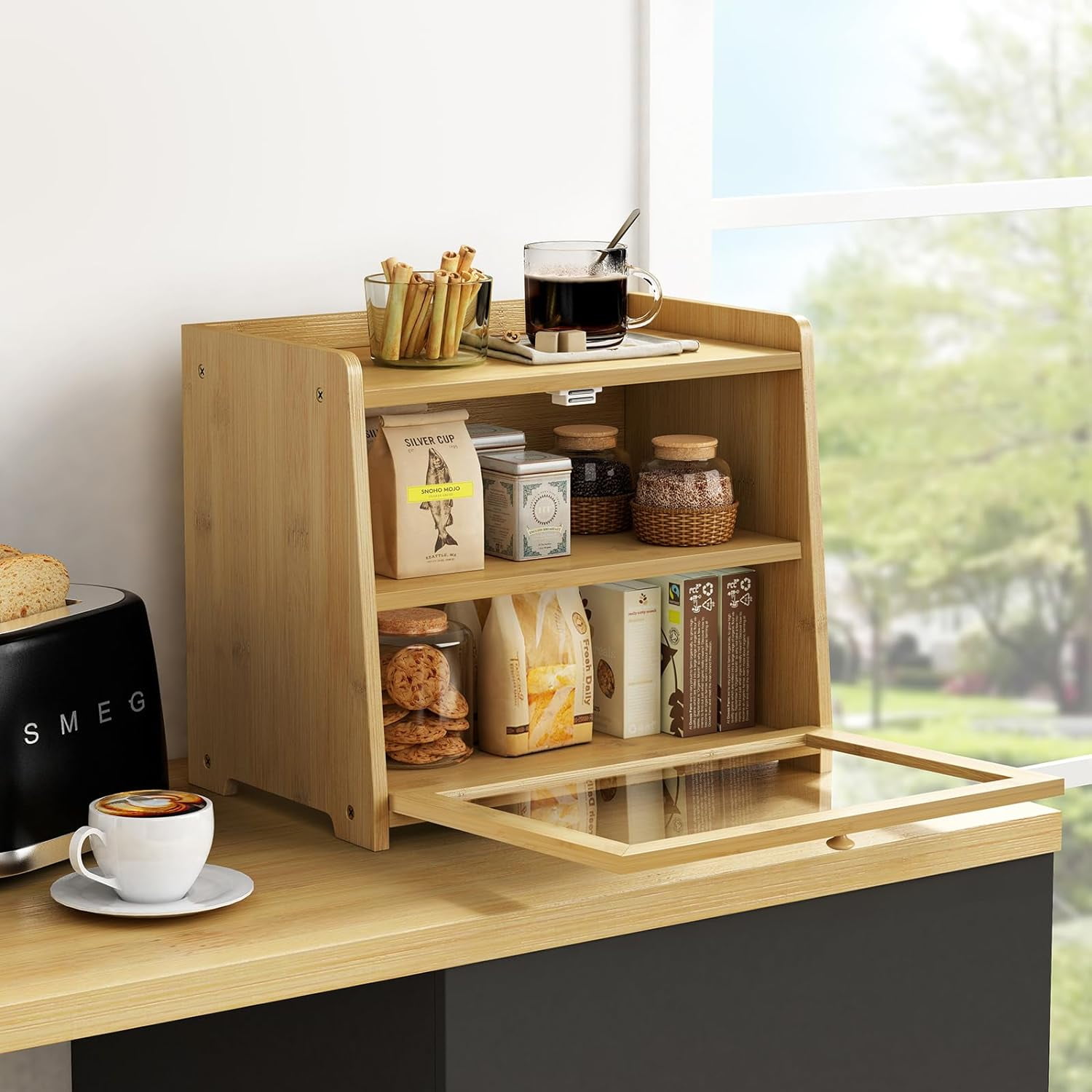 Black Bread Box for Kitchen Countertop, Large Bread Storage Container ...