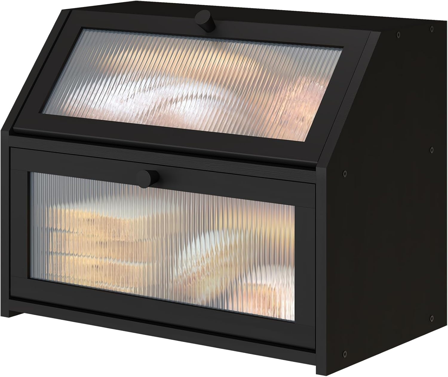 Black Bread Box for Kitchen Counter, Large Bamboo Wood Double Layer ...