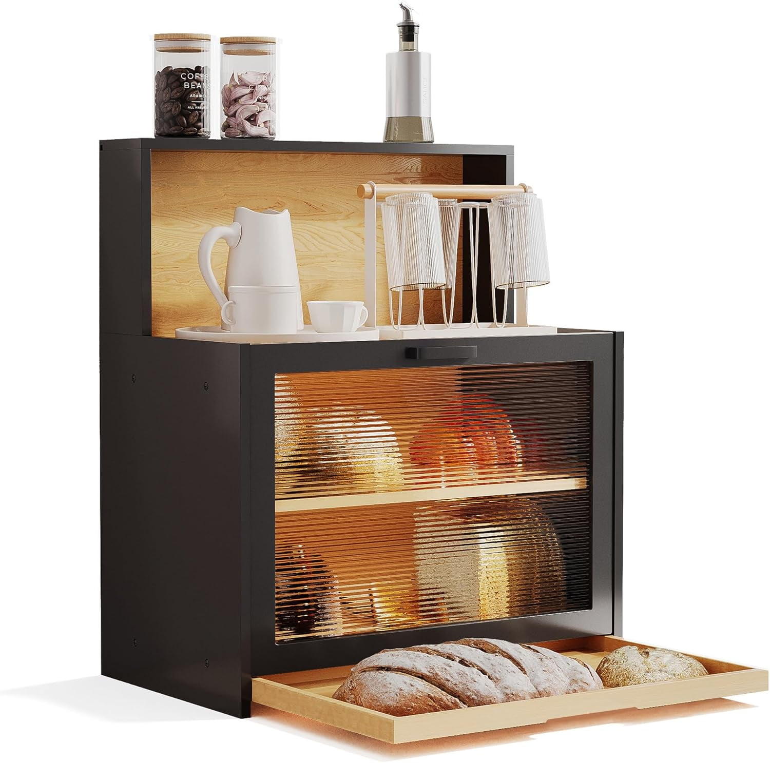 Black Bread box for Kitchen Countertop, Bamboo Large Bread Box ...