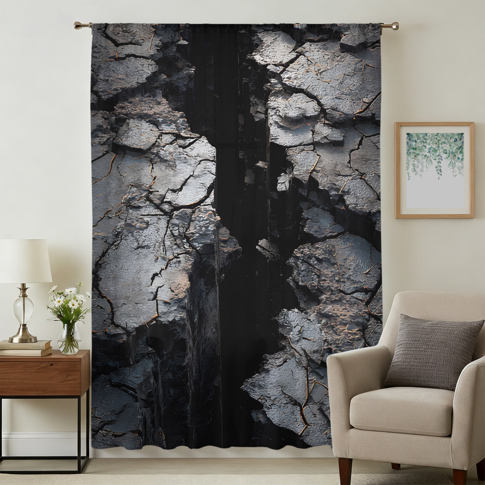 Black Broken Stone Sheer Curtains 54 Inches Long for Bedroom, Modern ...