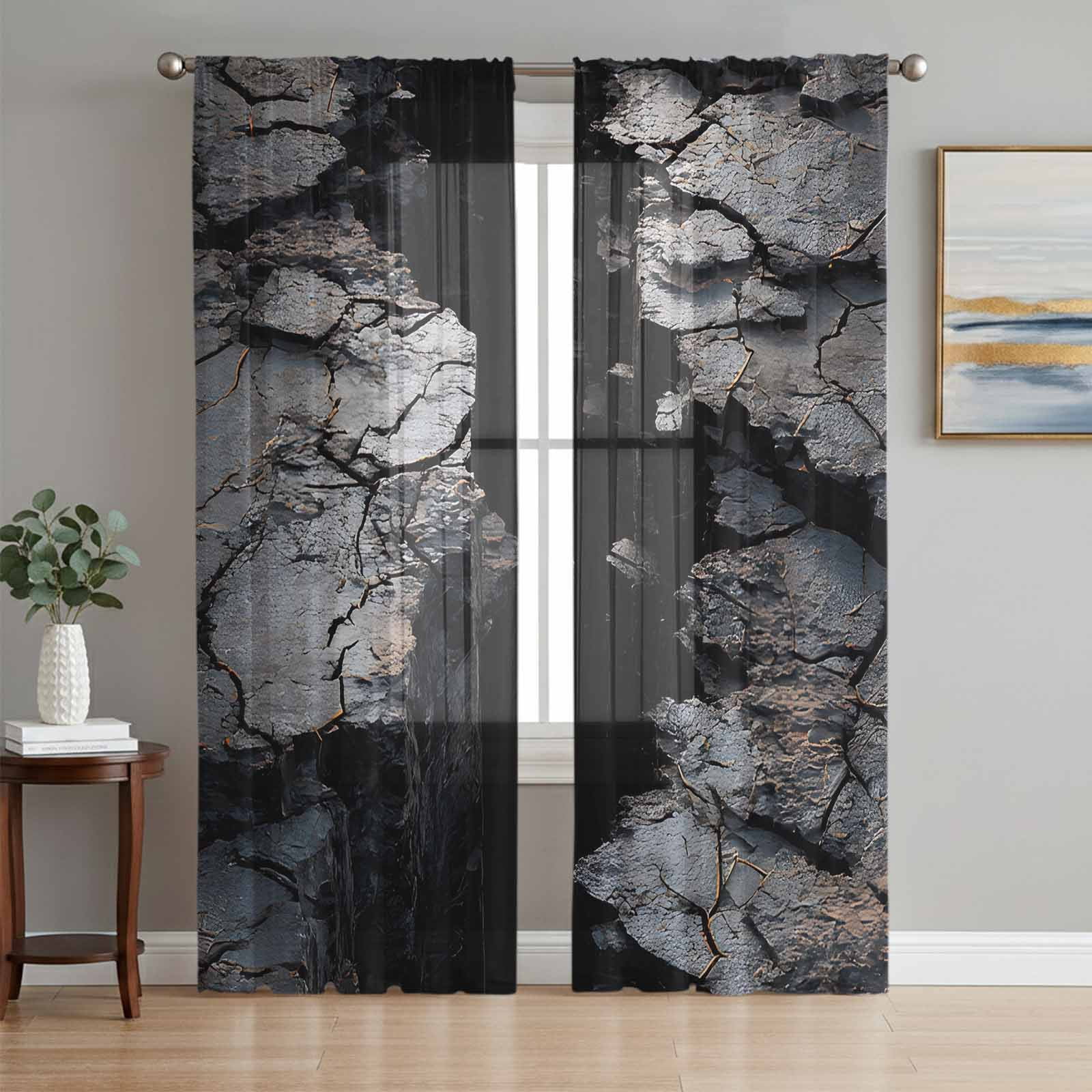 Black Broken Stone Sheer Curtains for Living Room Bedroom Modern ...