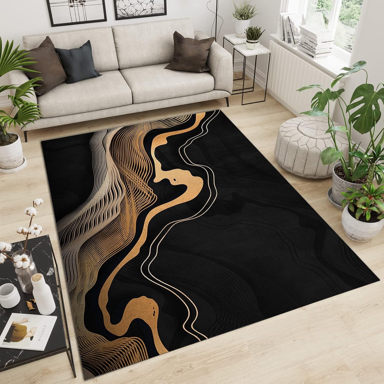 Black Brown Abstract Area Rug, Rectangular Kitchen Rug, Plush Living ...