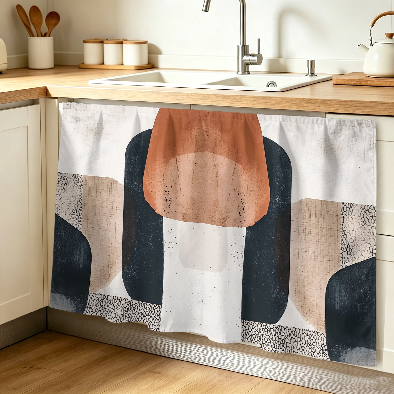 Black Brown Abstract Art Cabinet Curtains for Shelves, Modern Geometric ...