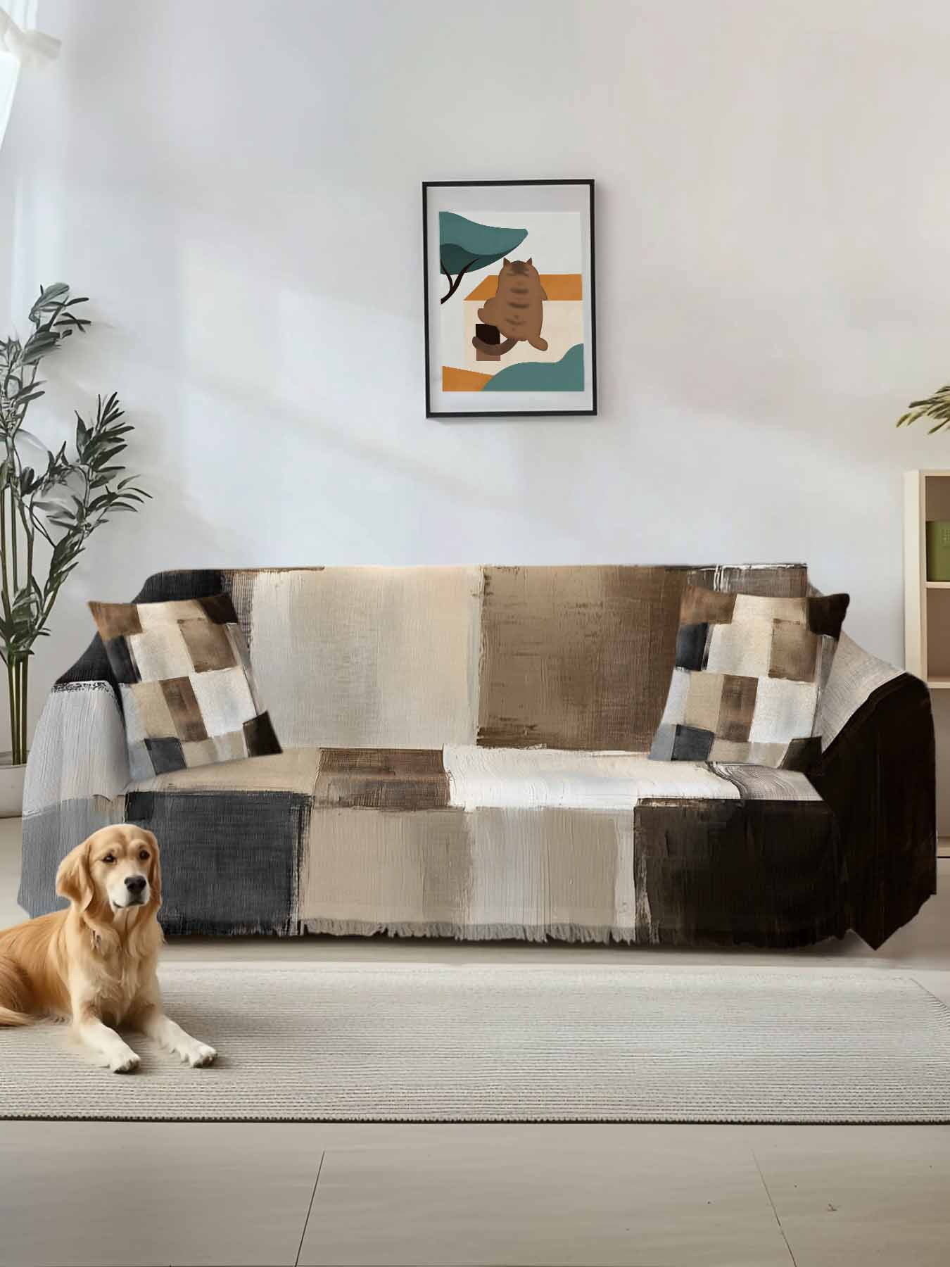 Black Brown Abstract Couch Cover, Oil Painting Color Blocks Sofa Cover ...