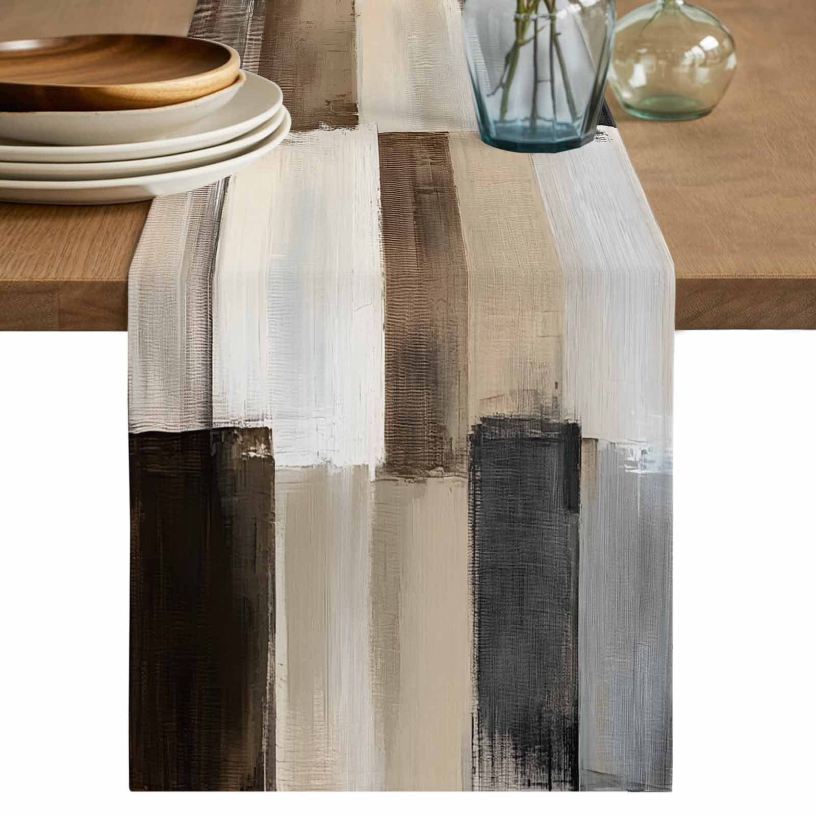 Black Brown Abstract Table Runner, Oil Painting Color Blocks Washable ...