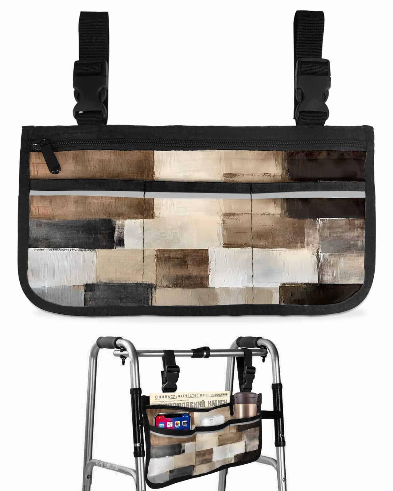 Black Brown Abstract Wheelchair Bag with Cup Holder Walker Bag with ...