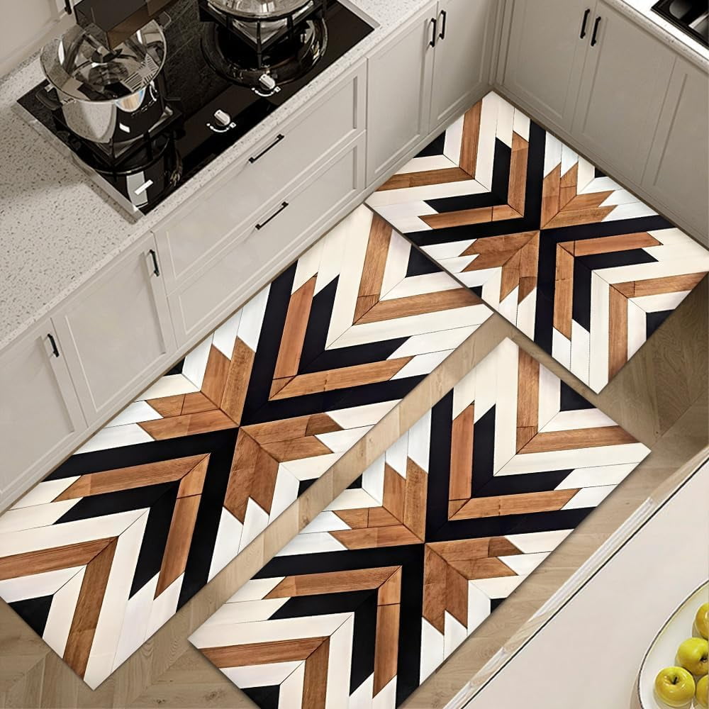 Black Brown Beige Farmhouse Kitchen Rugs Sets 3 Piece with Runner Soft ...