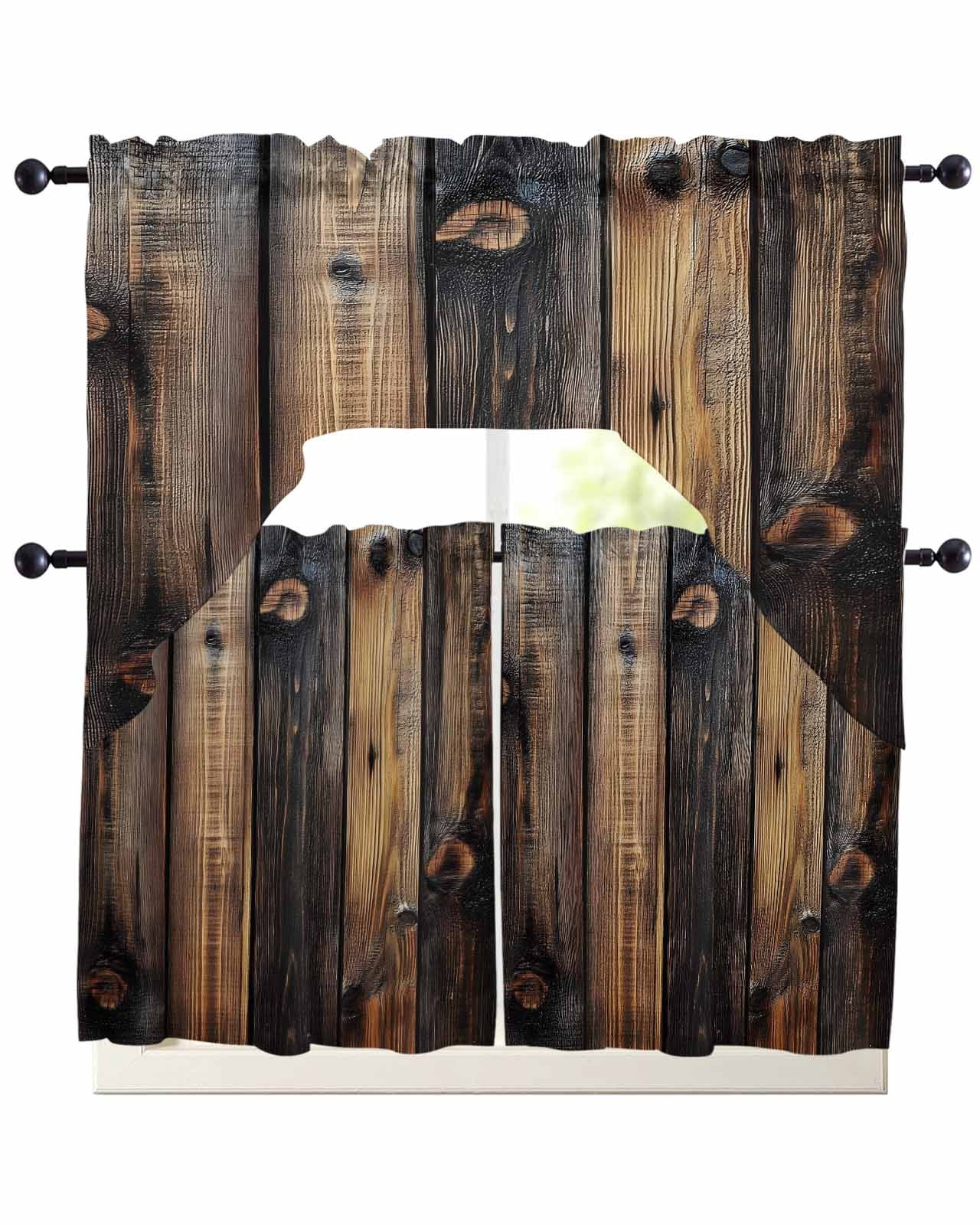 Black Brown Board Kitchen Curtains Set for Windows 3 Piece Cafe ...