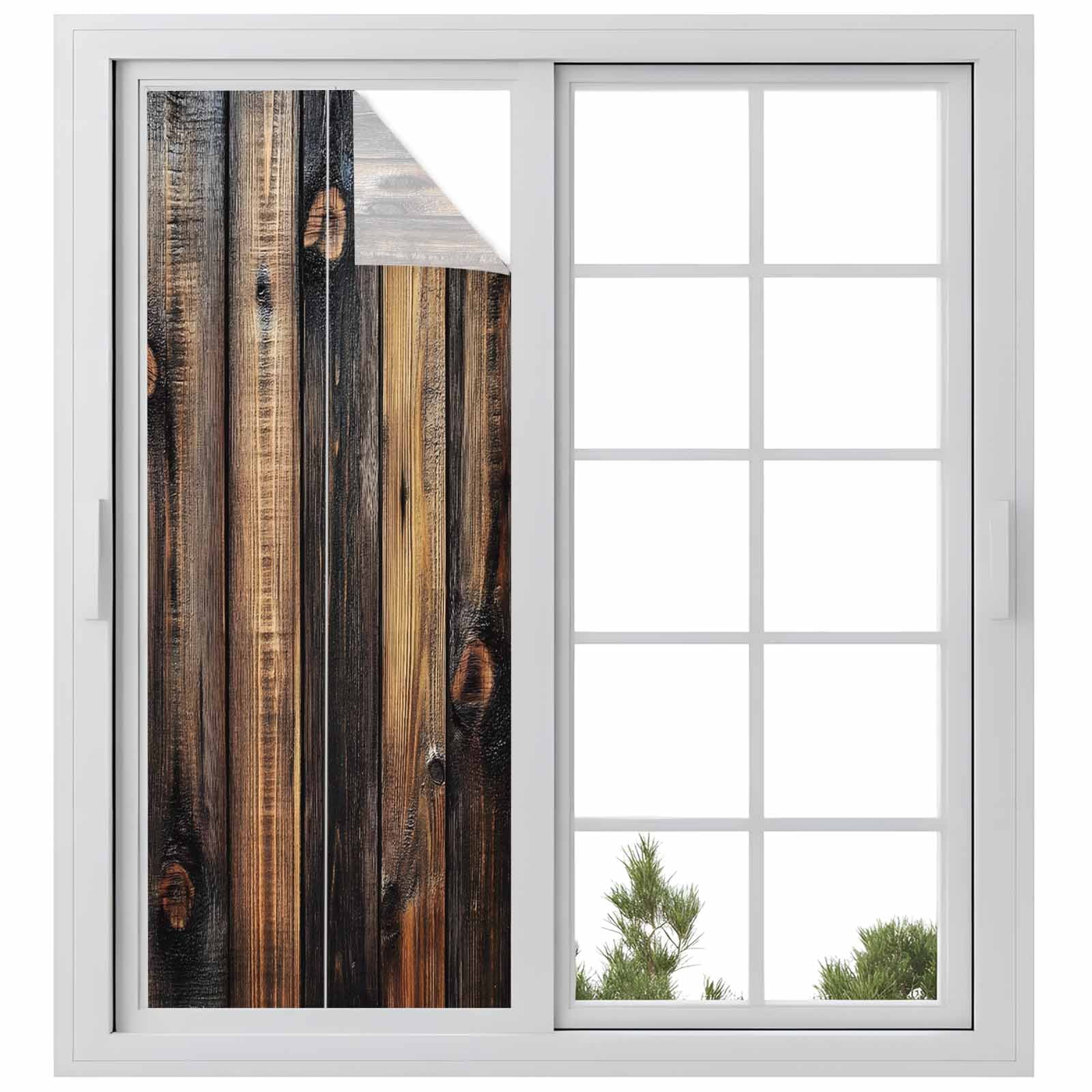 Black Brown Board Window Privacy Film, Vintage Chic Shabby Wooden Grain ...