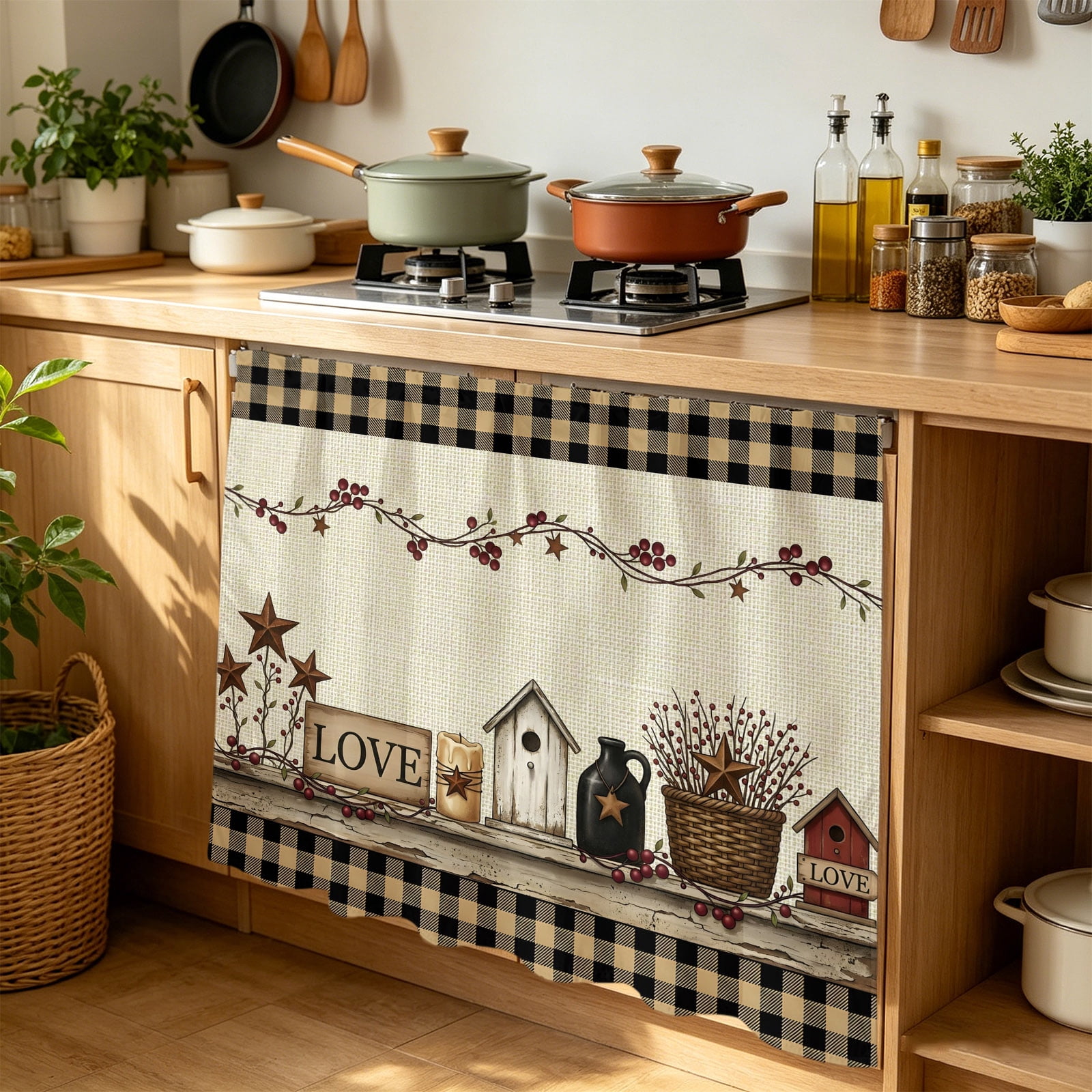 Black Brown Buffalo Check Cabinet Curtains 35" W x 35" L, Rustic House ...