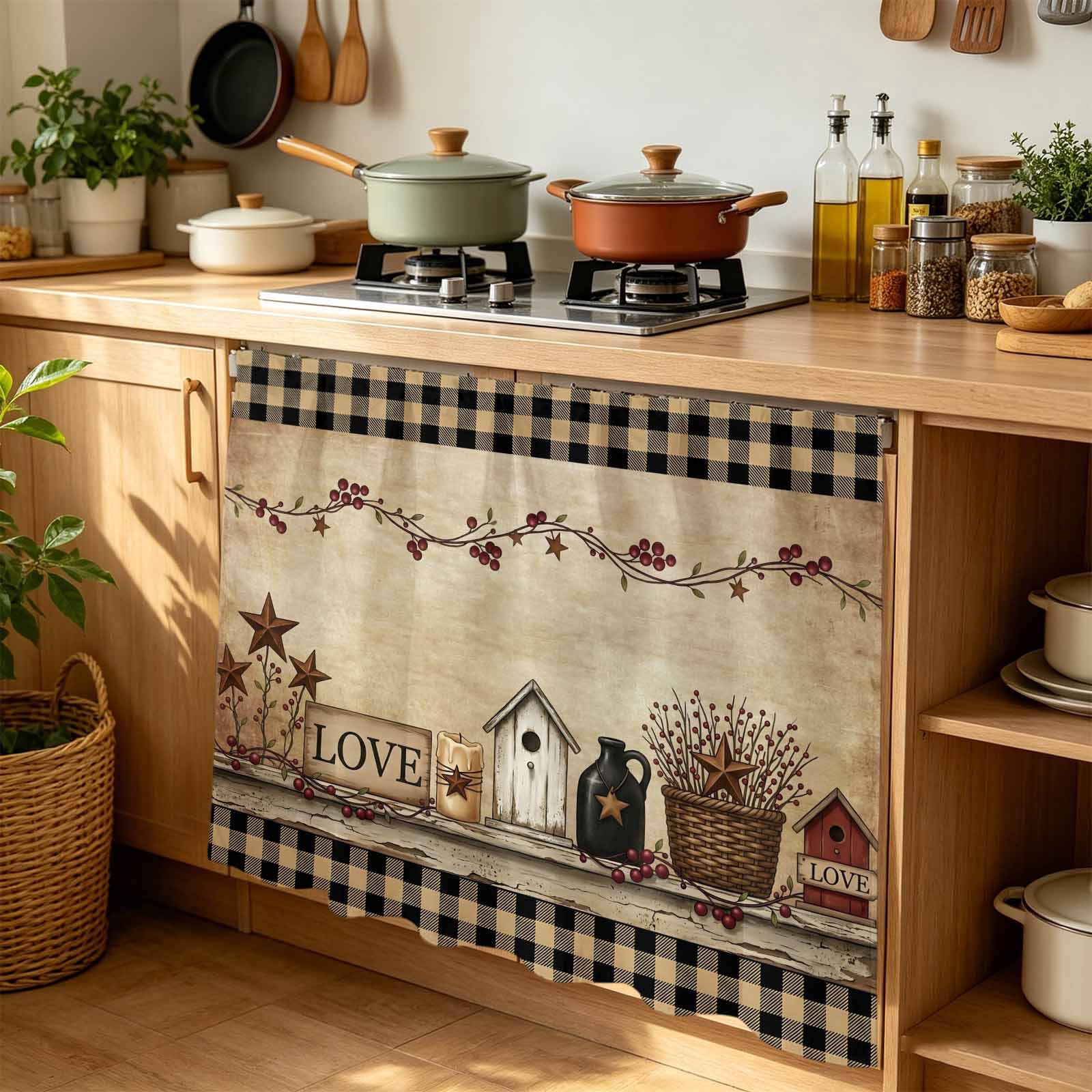 Black Brown Buffalo Check Cabinet Curtains 35" W x 35" L, Rustic House ...