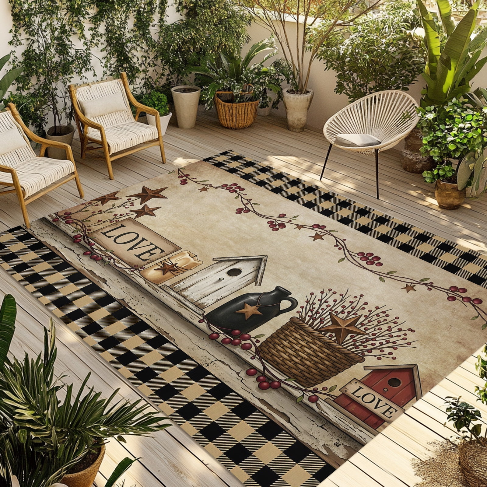 Black Brown Buffalo Check Outdoor Rug, Rustic House Berry Vine Star ...