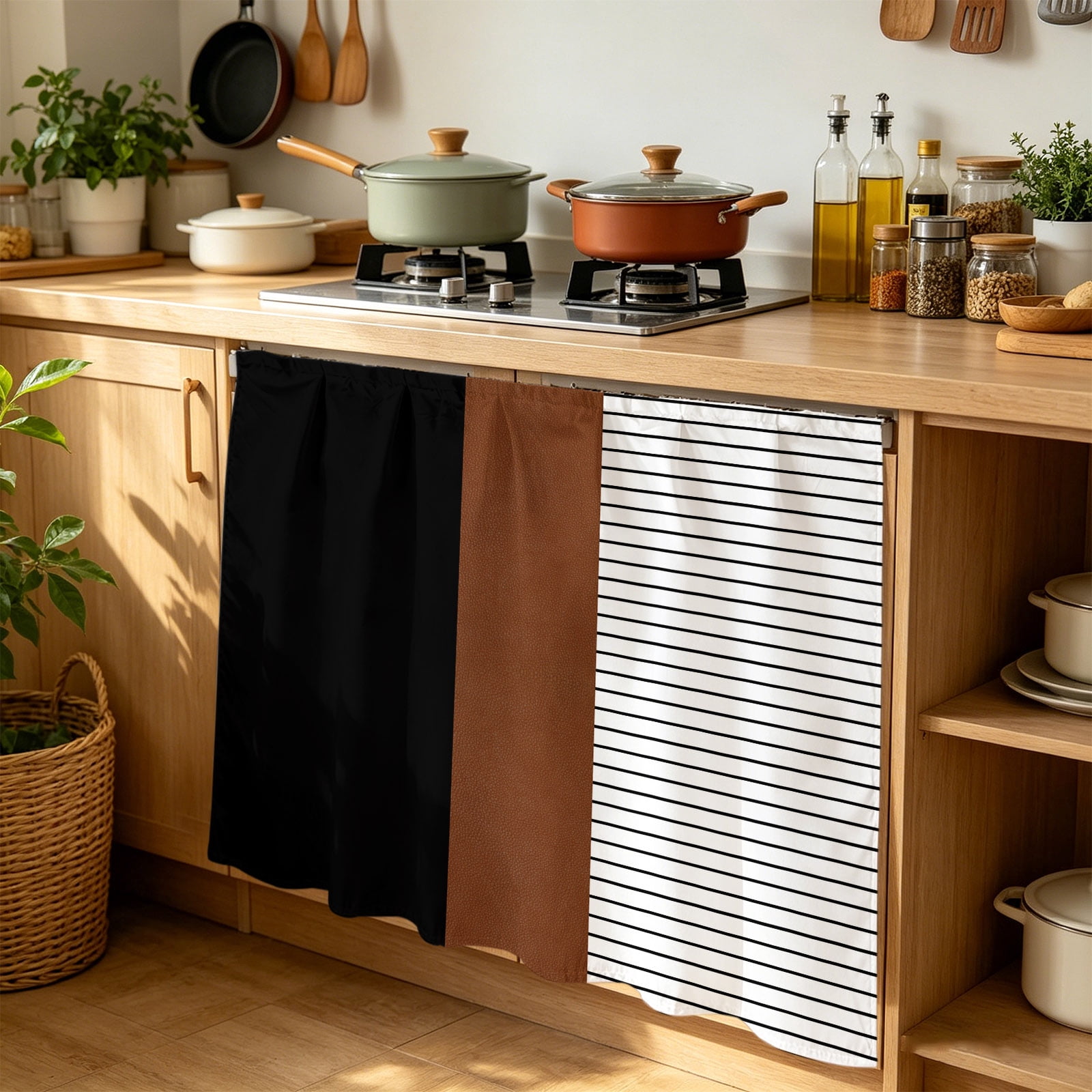 Black Brown Cabinet Curtains 35''x35'', Contemporary Striped Boho Art ...