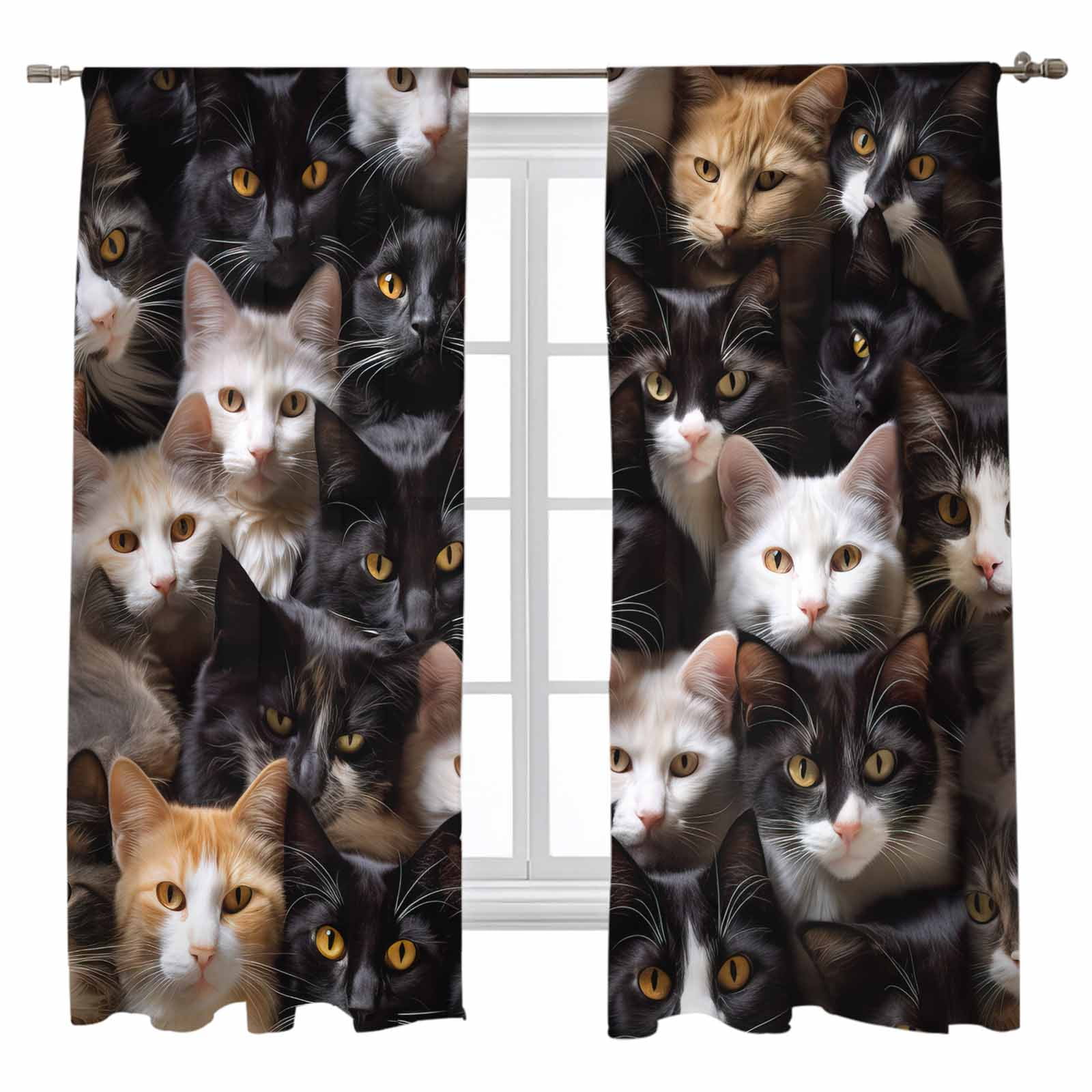 Black Brown Cat Sheer Curtains 63 inches Long, Pet Animal Cat Ears Eyes ...