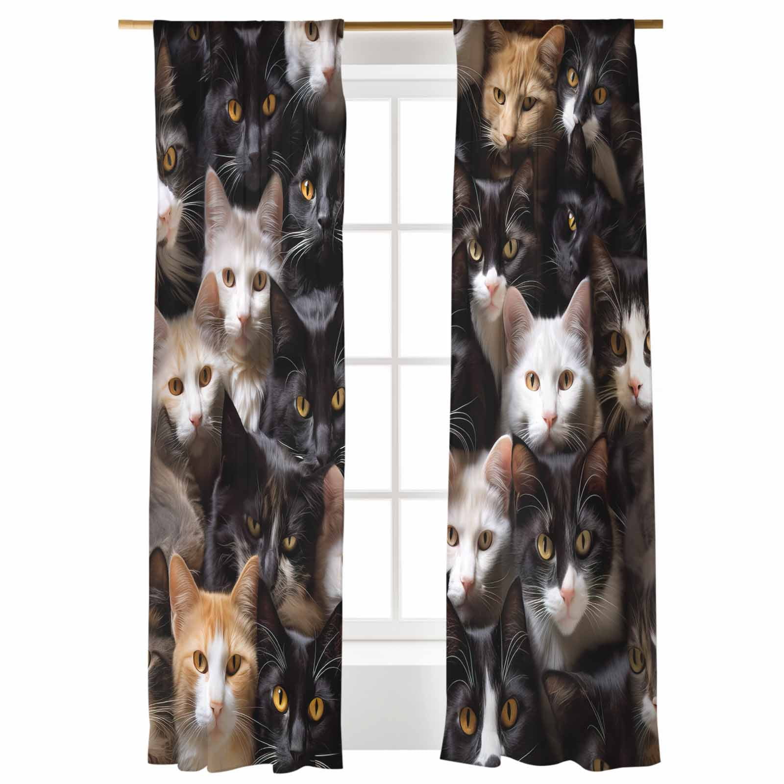 Black Brown Cat Sheer Curtains 84 inches Long, Pet Animal Cat Ears Eyes ...