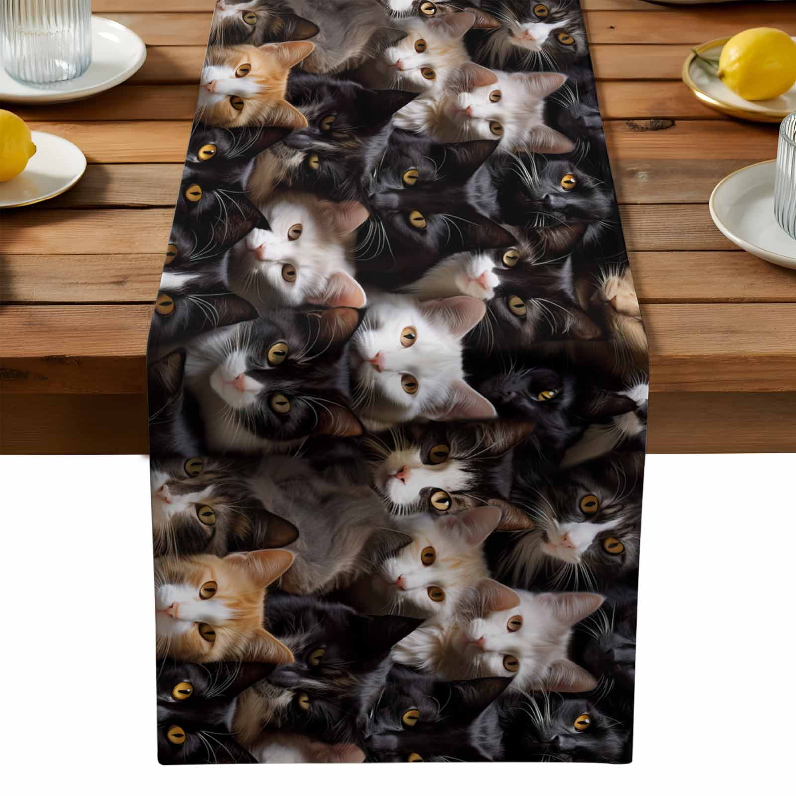Black Brown Cat Table Runner, Pet Animal Kitchen Table Runners Dress ...