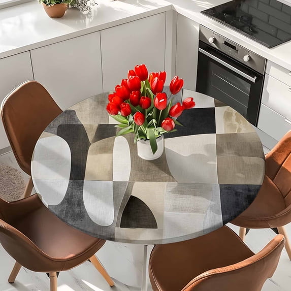 Black Brown Color Block Round Fitted Tablecloth with Elastic Edge ...