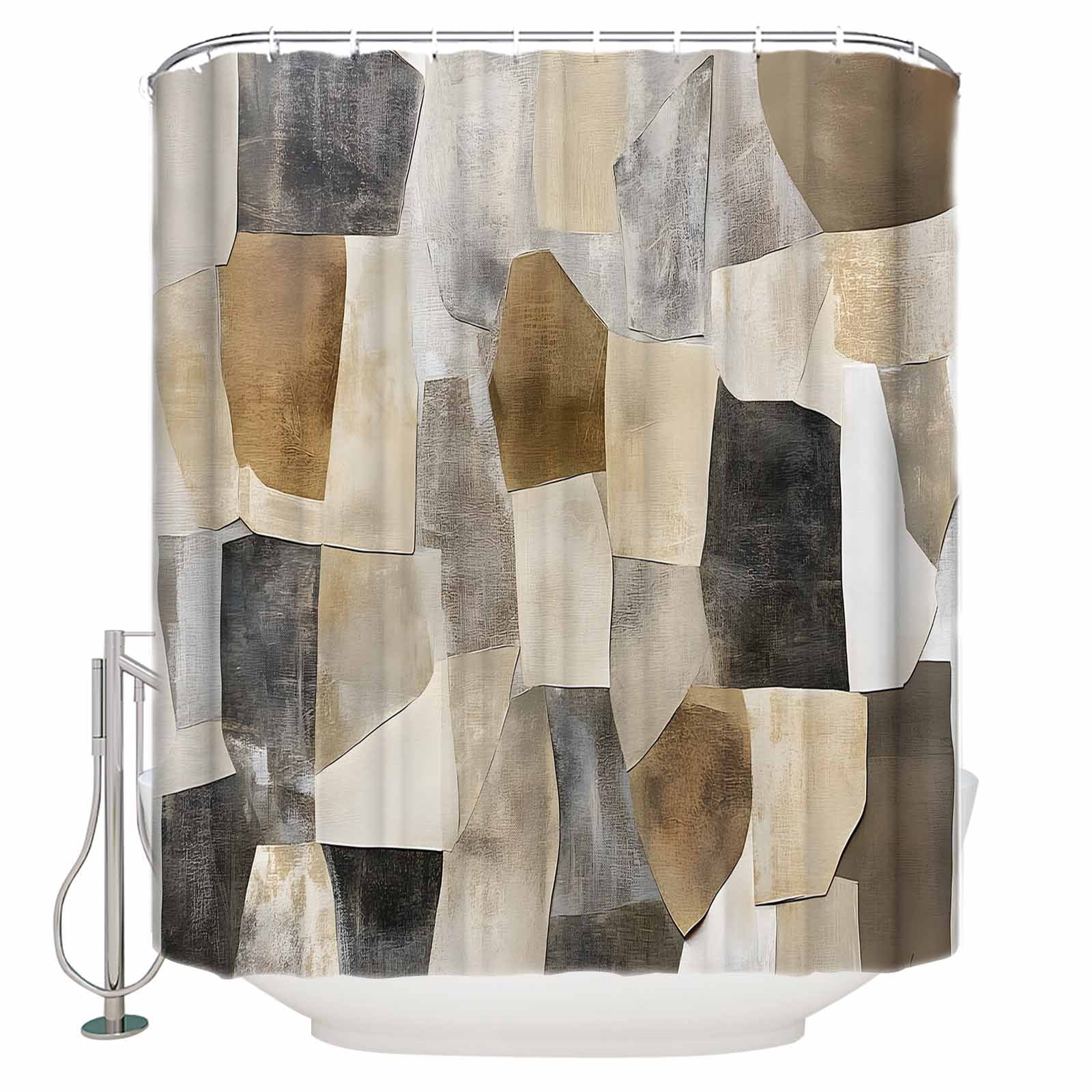 Black Brown Color Blocks Bathroom Shower Curtains with 12 Hooks ...