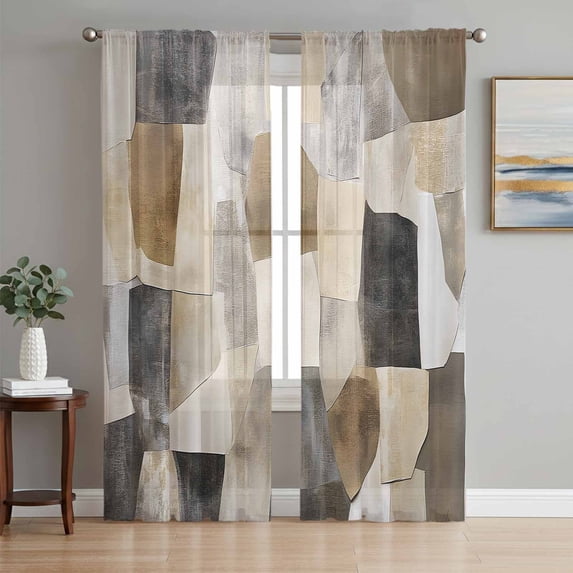 Black Brown Color Blocks Sheer Curtains 63 Inch Length 2 Panels Set ...