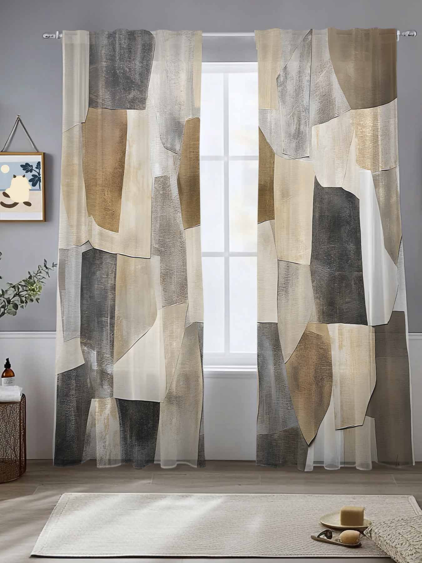 Black Brown Color Blocks Sheer Curtains for Living Room Bedroom ...