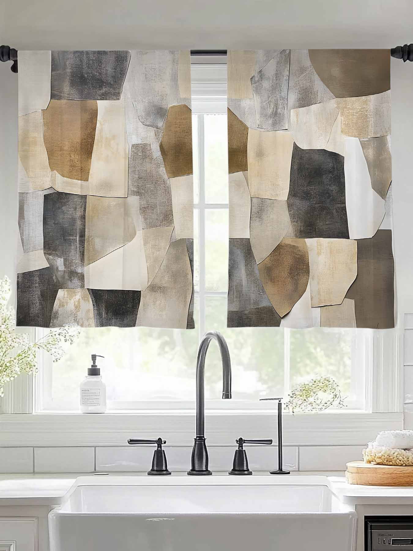 Black Brown Color Blocks Sheer Curtains for Living Room Bedroom ...