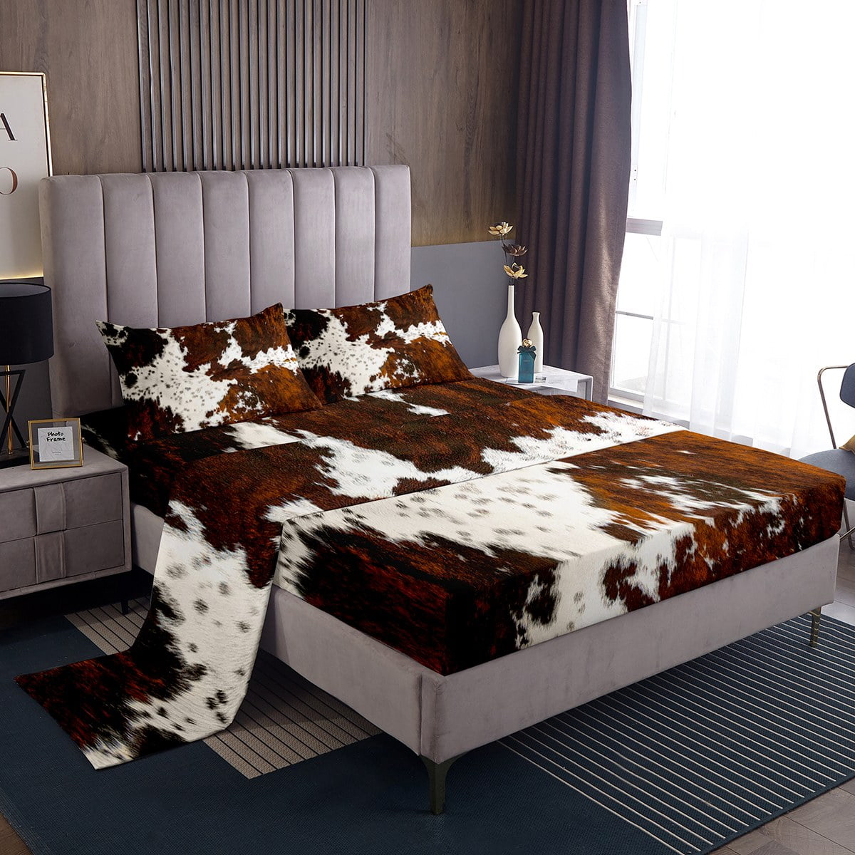 Black Brown Cowhide Sheet Set,Milk Cow Print Fitted Sheet Full,Rustic ...