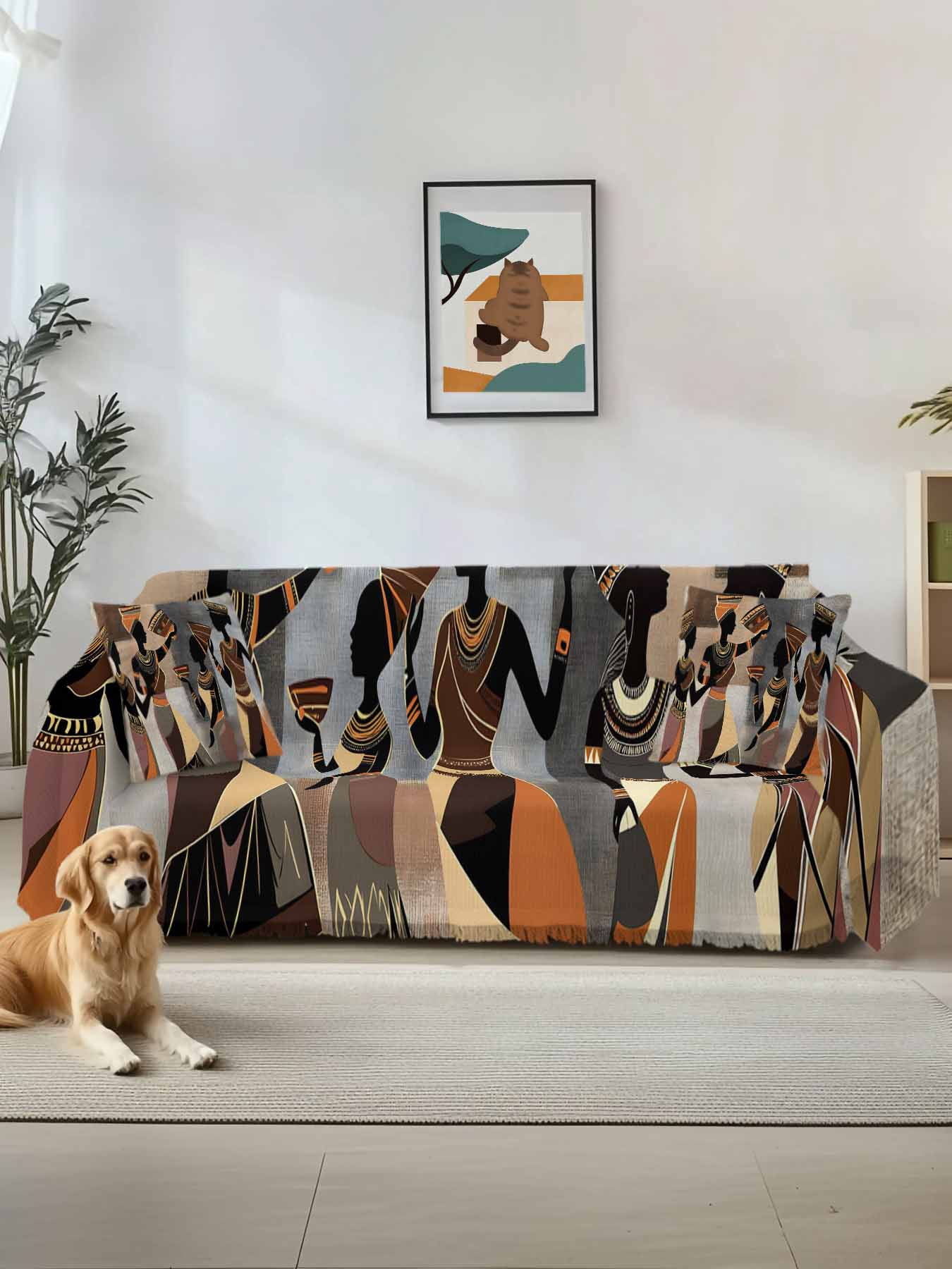 Black Brown Girls Boho Couch Cover, Grey Vintage Ethnic Abstract Art ...